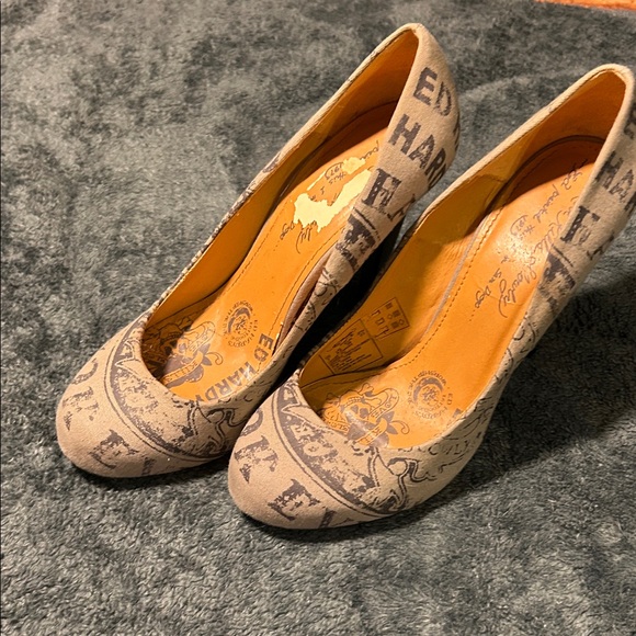 Ed Hardy | Shoes | Ed Hardy Tan Graphic Heels | Poshmark